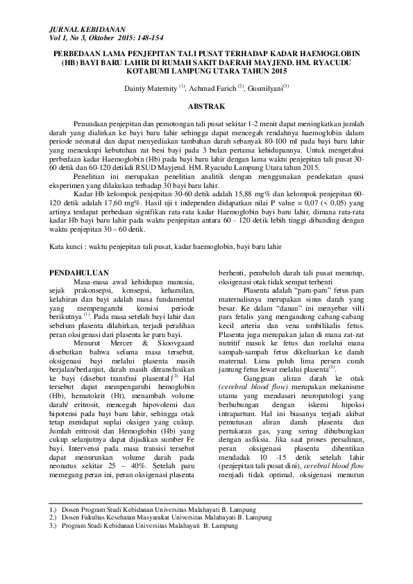 (PDF) Perbedaan Lama Penjepitan Tali Pusat Terhadap Kadar Haemoglobin ...