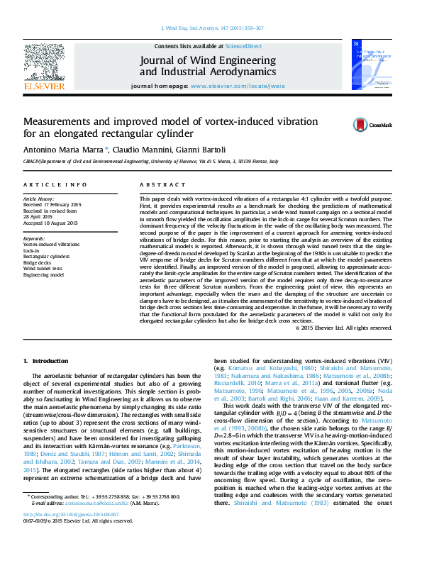 Pdf Measurements And Improved Model Of Vortex Induced Vibration For An Elongated Rectangular