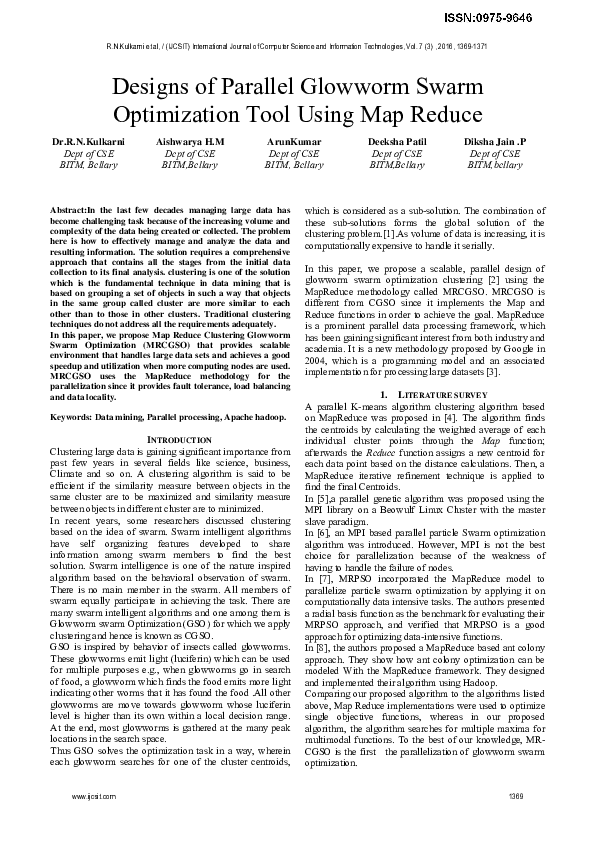 Pdf Designs Of Parallel Glowworm Swarm Optimization Tool Using Map Reduce Deeksha Patil