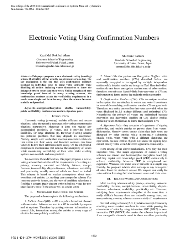 (PDF) Electronic voting using confirmation numbers