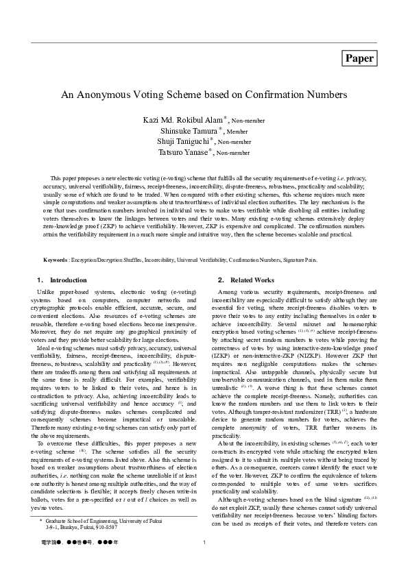 (PDF) An Anonymous Voting Scheme based on Confirmation Numbers