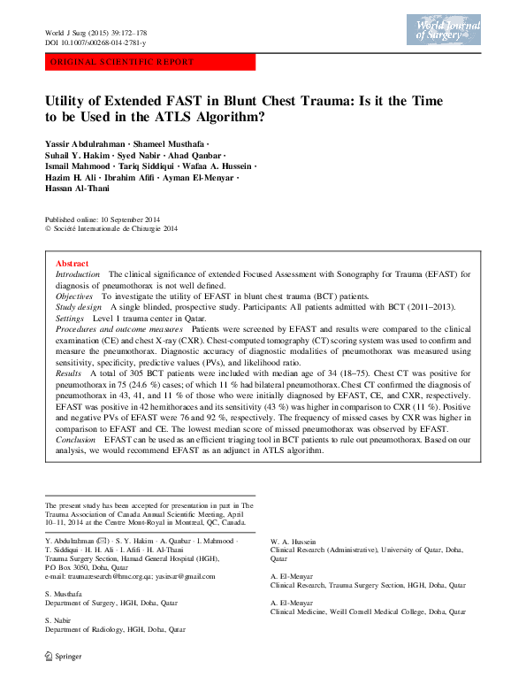 (PDF) Utility of Extended FAST in Blunt Chest Trauma: Is it the Time to ...