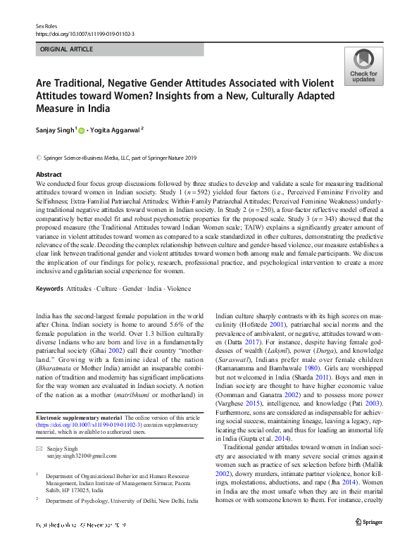 (PDF) Are Traditional, Negative Gender Attitudes Associated with Violent Attitudes toward Women ...