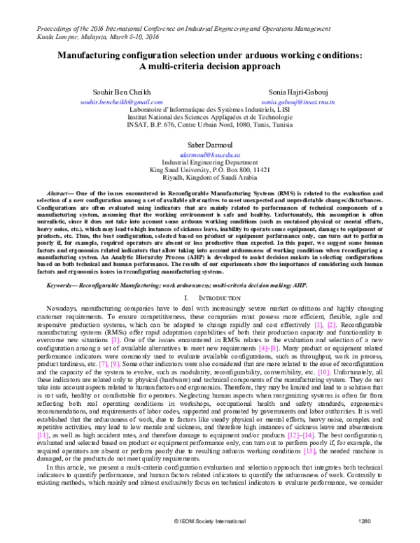 (PDF) Manufacturing configuration selection under arduous working ... (PDF) Manufacturing configuration selection under arduous working ...