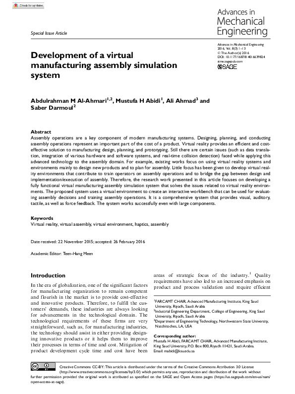 (PDF) Development of a virtual manufacturing assembly simulation system