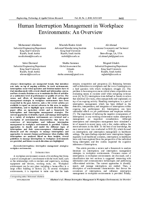 (PDF) Human Interruption Management in Workplace Environments: An Overview