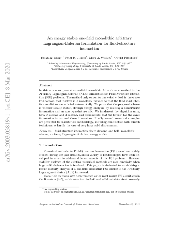 (PDF) An energy stable one-field monolithic arbitrary Lagrangian–Eulerian formulation for fluid ...