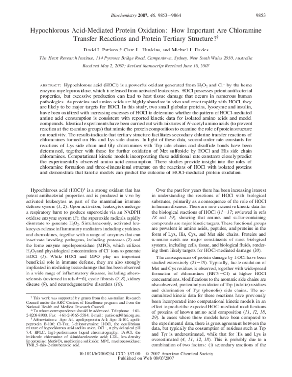 (PDF) Hypochlorous Acid-Mediated Protein Oxidation: How Important Are ...