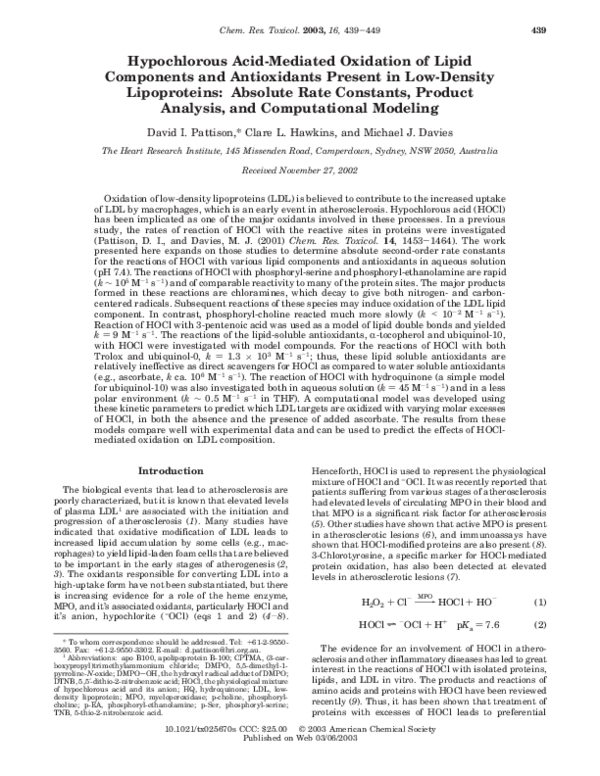 (PDF) Hypochlorous Acid-Mediated Oxidation of Lipid Components and ...