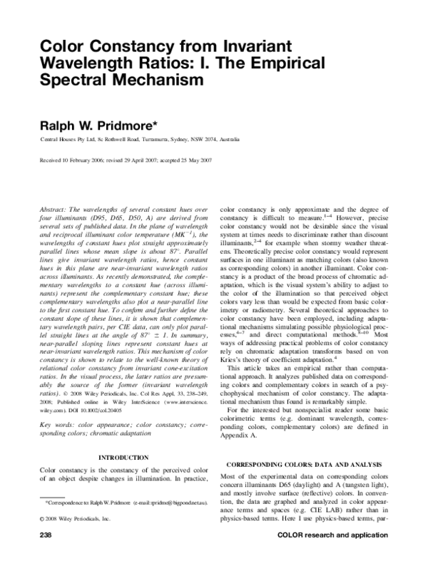 (PDF) Color constancy from invariant wavelength ratios. III: Chromatic adaptation theory, model ...