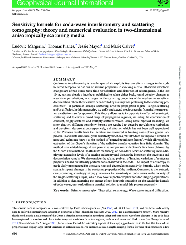 (PDF) Sensitivity kernels for coda-wave interferometry and scattering ...