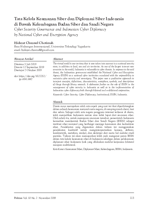 (PDF) Tata Kelola Keamanan Siber dan Diplomasi Siber Indonesia di Bawah ...