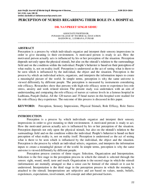 (PDF) Perception of Nurses Regarding Their Role in a Hospital