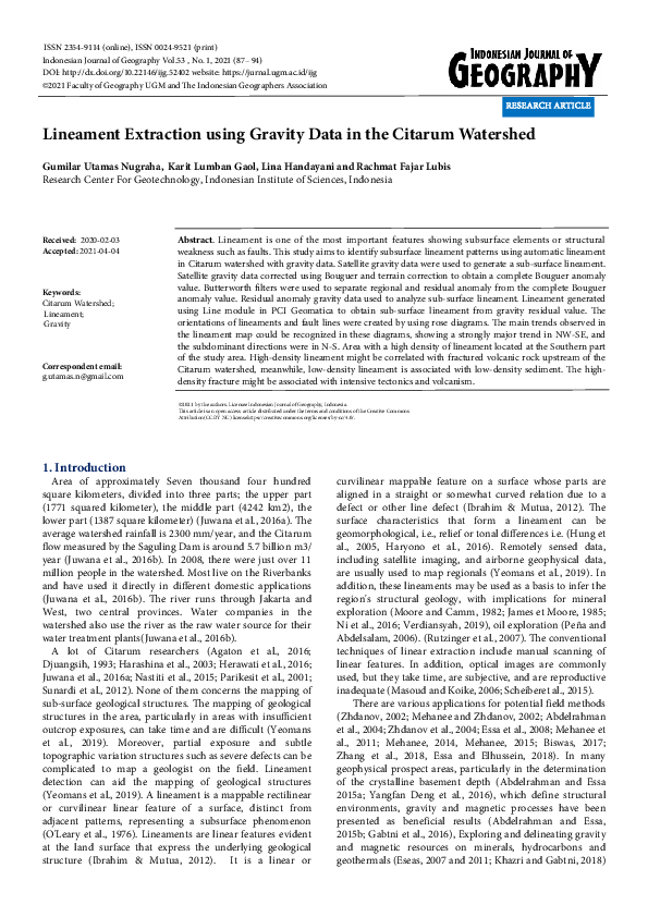 (PDF) Lineament Extraction using Gravity Data in the Citarum Watershed