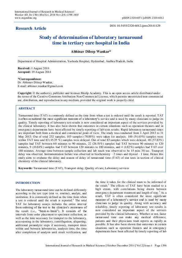 (PDF) Study of determination of laboratory turnaround time in tertiary ...