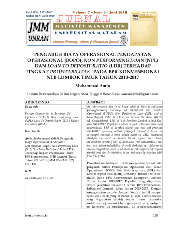 (PDF) Pengaruh Biaya Operasional Pendapatan Operasional (Bopo), Non Performing Loan (NPL) Dan ...