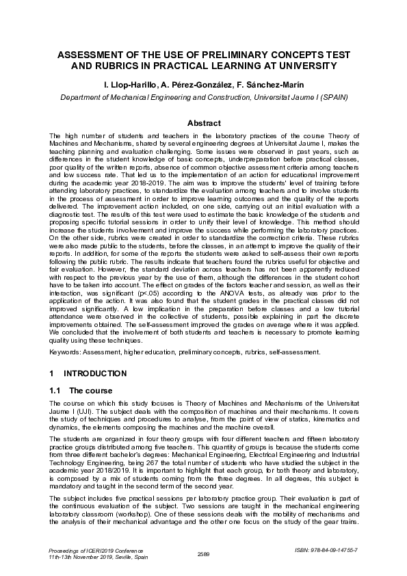(PDF) Assessment of the Use of Preliminary Concepts Test and Rubrics in ...