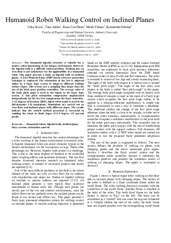 (PDF) Humanoid robot walking control on inclined planes
