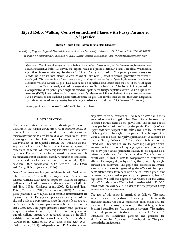 Pdf Humanoid Robot Walking Control On Inclined Planes Utku Seven 
