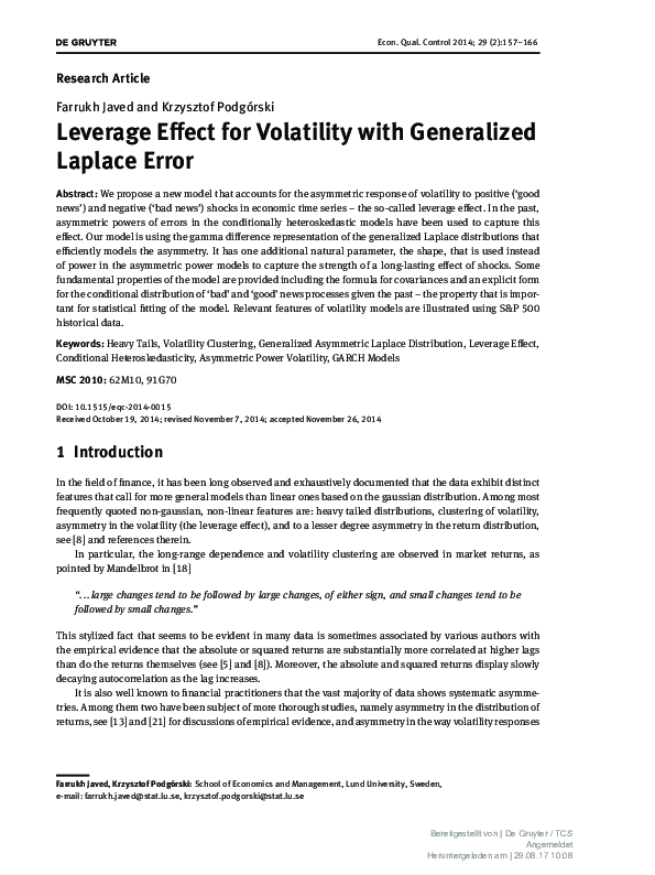 (PDF) Leverage Effect for Volatility with Generalized Laplace Error