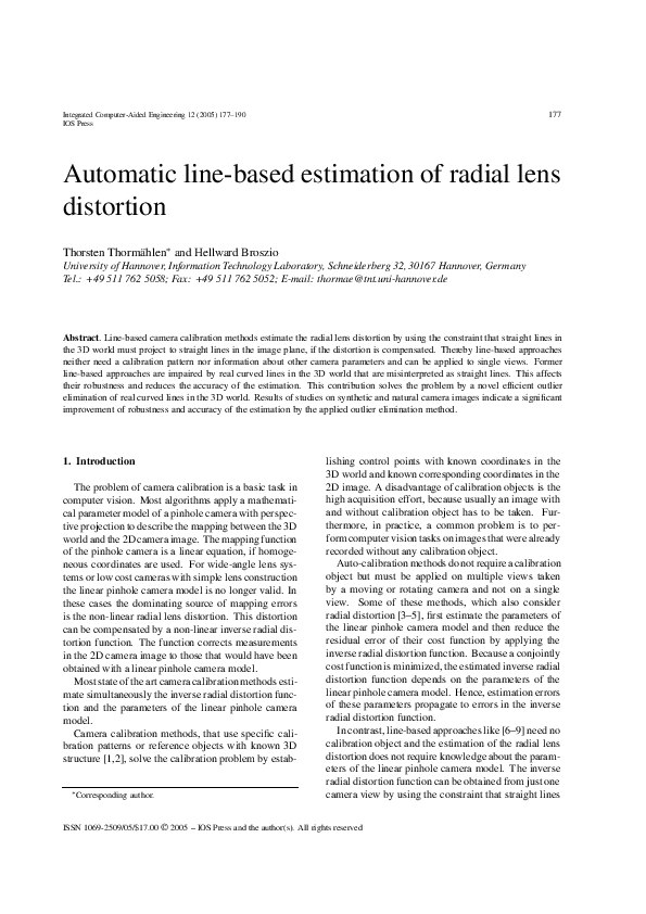 (PDF) Automatic line-based estimation of radial lens distortion