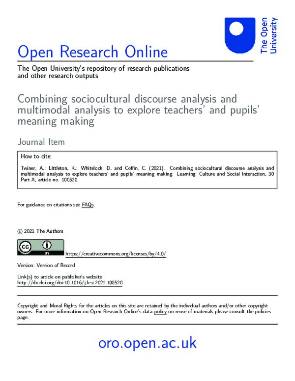 (PDF) Combining sociocultural discourse analysis and multimodal ... (PDF) Combining sociocultural discourse analysis and multimodal ...