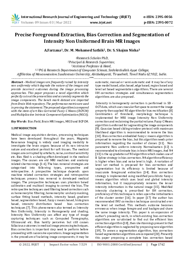 (PDF) Precise Foreground Extraction, Bias Correction and Segmentation of Intensity Non Uniformed ...