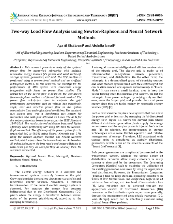 Pdf Two Way Load Flow Analysis Using Newton Raphson And Neural Network Methods