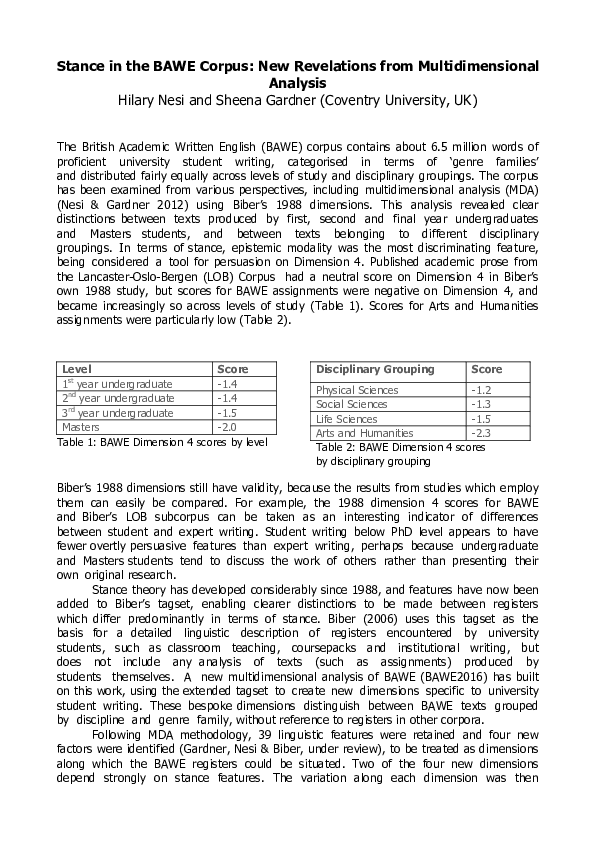 (PDF) Stance in the BAWE Corpus: New Revelations from Multidimensional ...