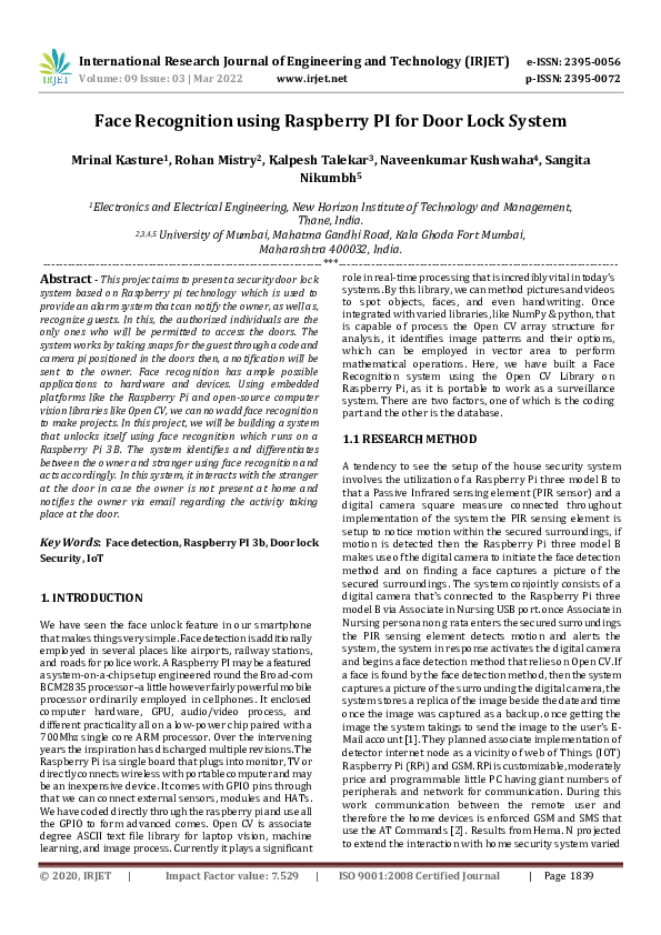 (PDF) Face Recognition using Raspberry PI for Door Lock System