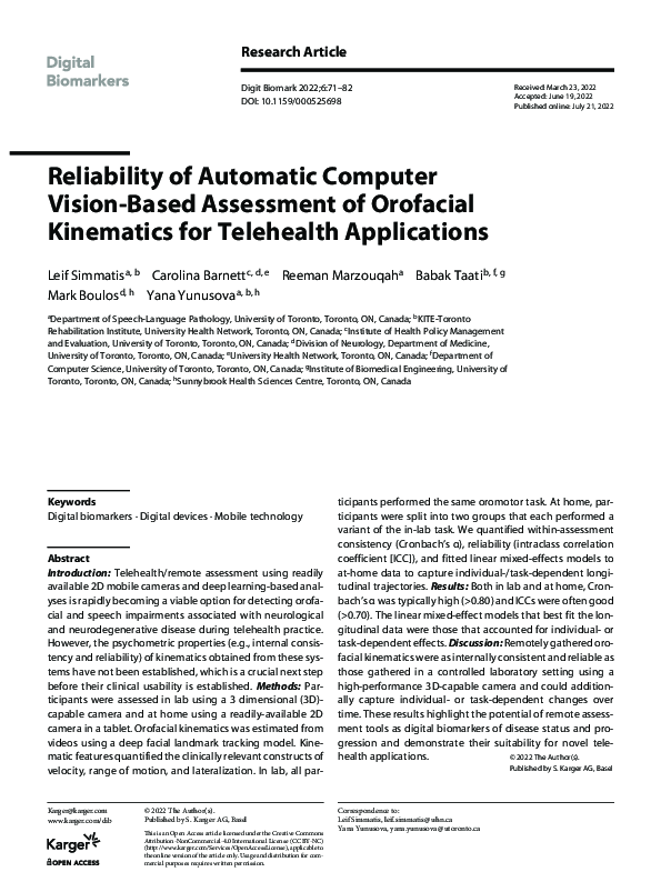 (PDF) Reliability of Automatic Computer Vision-Based Assessment of Orofacial Kinematics for ...
