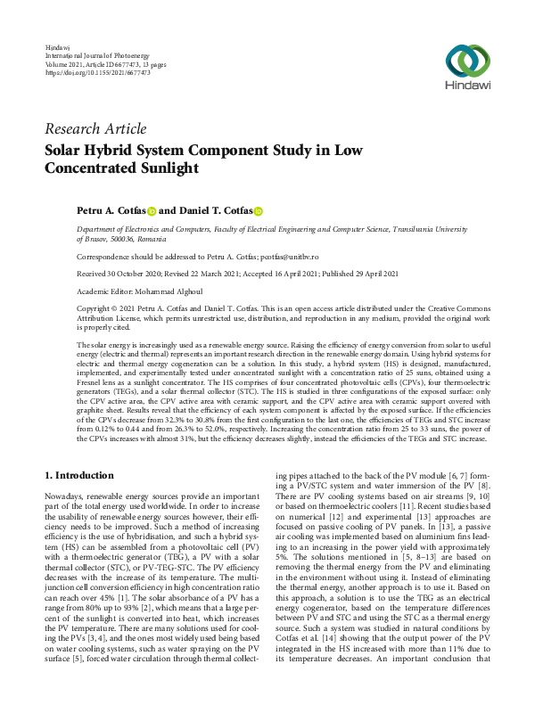 (PDF) Solar Hybrid System Component Study in Low Concentrated Sunlight