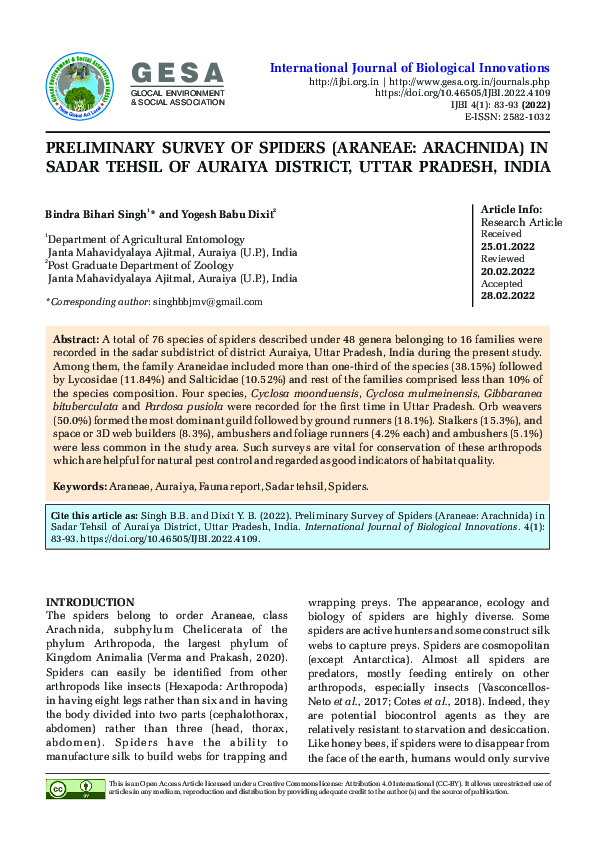 (PDF) Preliminary Survey of Spiders (Araneae: Arachnida) in Sadar ...