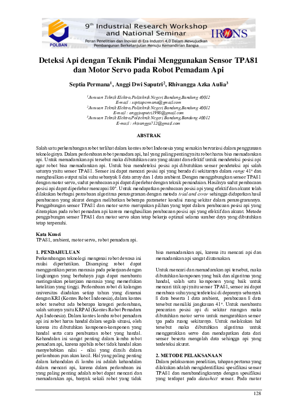 (PDF) Deteksi Api dengan Teknik Pindai Menggunakan Sensor TPA81 dan Motor Servo pada Robot ...