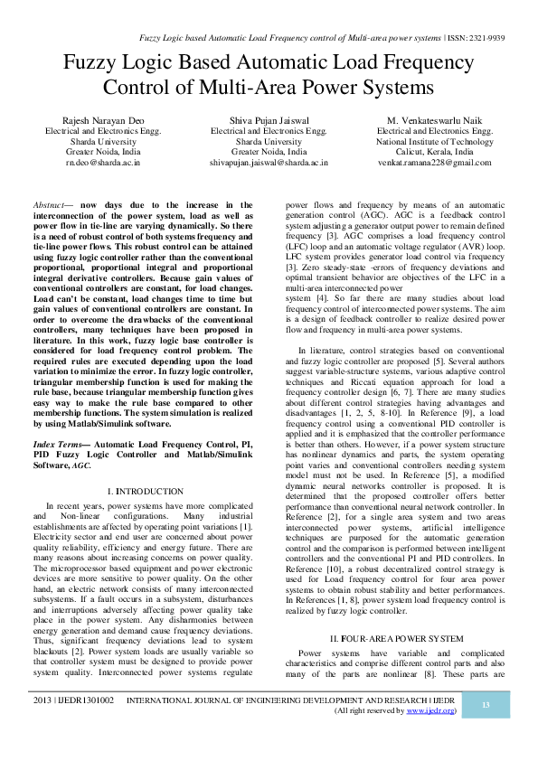 Pdf Fuzzy Logic Based Automatic Load Frequency Control Of Multi Area Power Systems Issn
