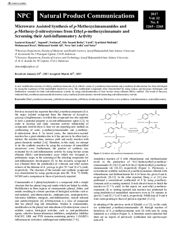(PDF) Microwave Assisted Synthesis of p-Methoxycinnamamides and p-Methoxy-β-nitrostyrenes from ...