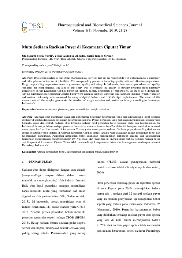 (PDF) Mutu Sediaan Racikan Puyer di Kecamatan Ciputat Timur
