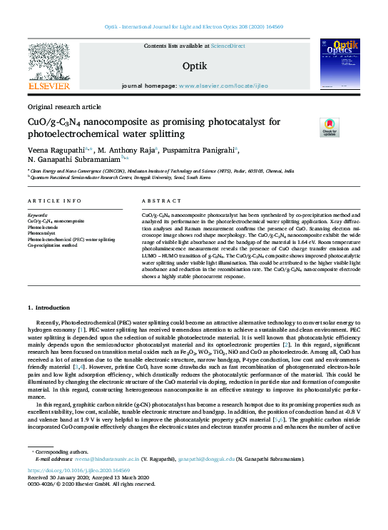 (PDF) CuO/g-C3N4 nanocomposite as promising photocatalyst for photoelectrochemical water splitting