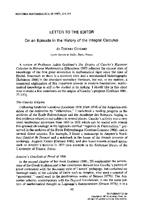 (PDF) On an episode in the history of the integral calculus | Thierry ...
