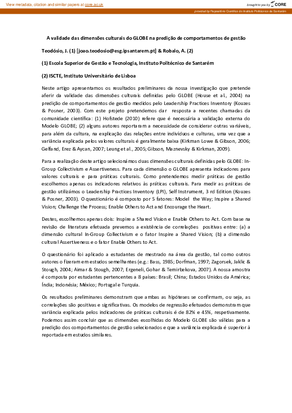 (PDF) A validade das dimensões culturais do GLOBE na predição de ...