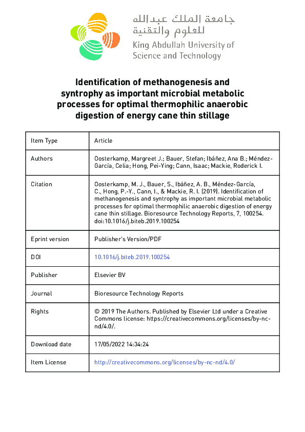 (PDF) Identification of methanogenesis and syntrophy as important ...