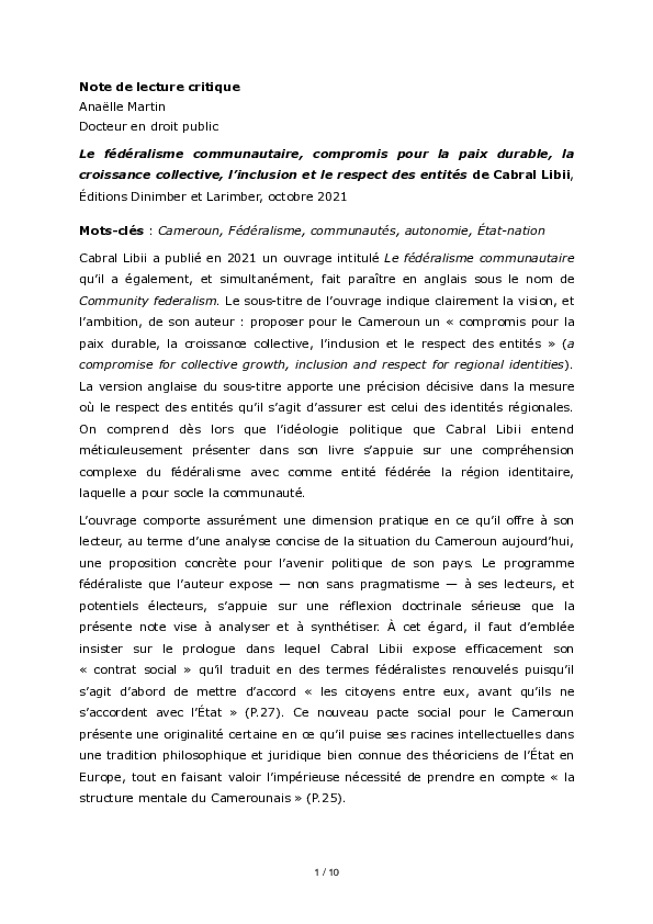 (PDF) Note de lecture sur le Fédéralisme communautaire de Cabral Libii