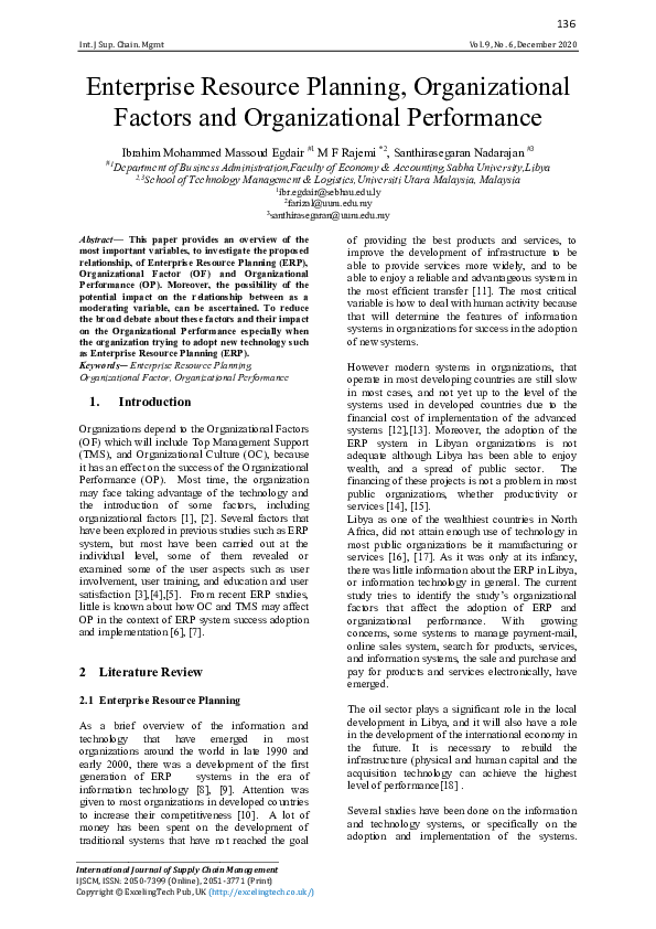 Pdf Enterprise Resource Planning Organizational Factors And Organizational Performance