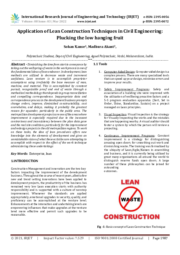 (PDF) Application of Lean Construction Techniques in Civil Engineering: Plucking the low hanging ...