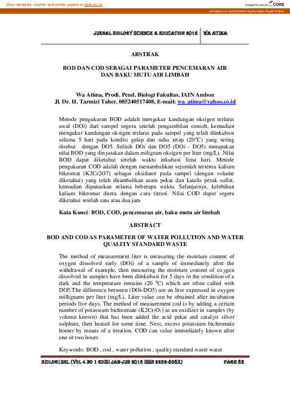 (PDF) ABSTRAK BOD DAN COD SEBAGAI PARAMETER PENCEMARAN AIR DAN BAKU MUTU AIR LIMBAH