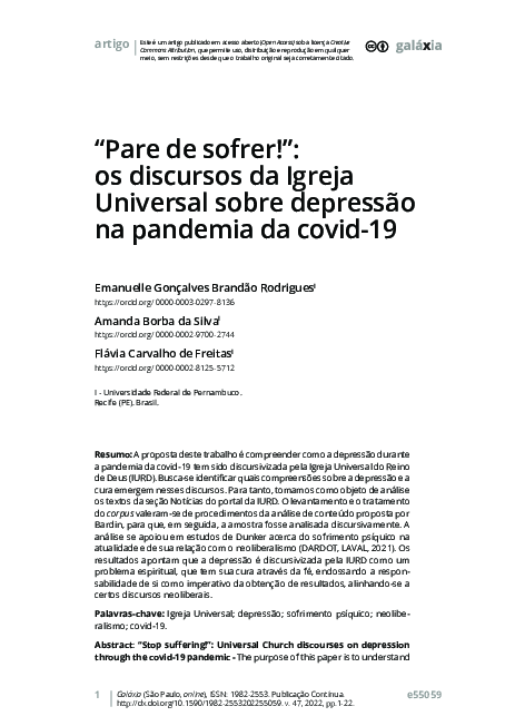 (PDF) “Pare de sofrer!”: os discursos da Igreja Universal sobre depressão na pandemia da covid-19