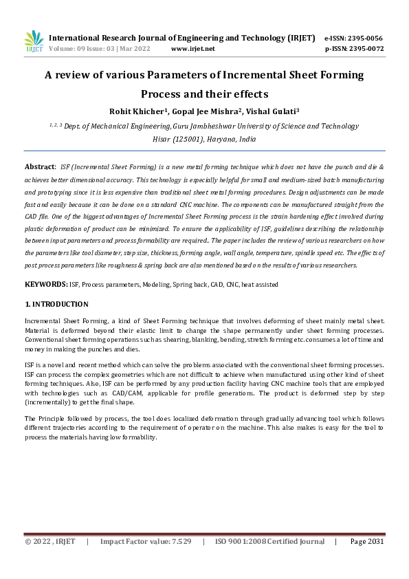 (PDF) A review of various Parameters of Incremental Sheet Forming Process and their effects