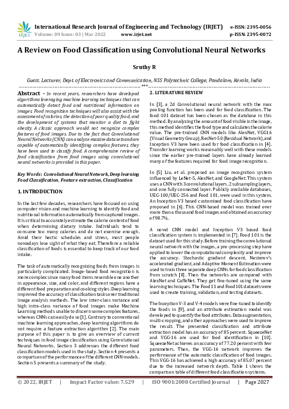 (PDF) A Review on Food Classification using Convolutional Neural Networks