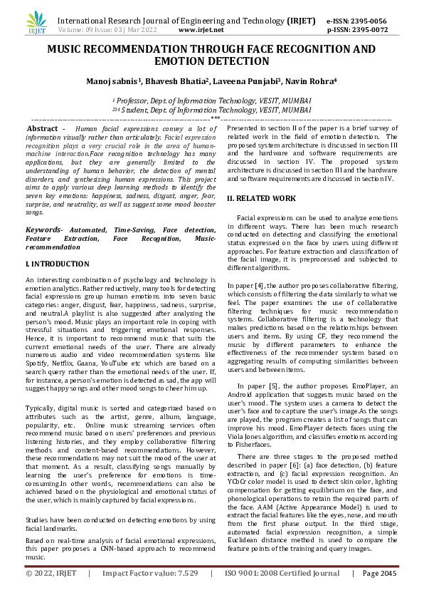 Pdf Music Recommendation Through Face Recognition And Emotion Detection