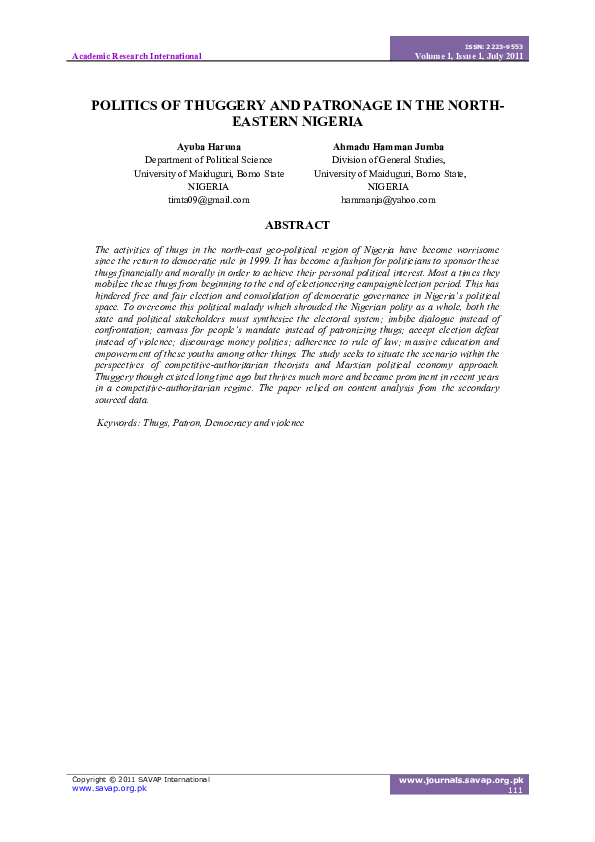 (PDF) Politics of Thuggery and Patronage in the North-Eastern Nigeria